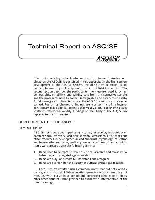 Technical Report on ASQ:SE - Brookes Publishing Co.