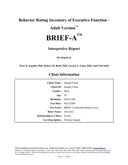 BRIEF-A: Informant Interpretive Report - Psychological Assessment ...