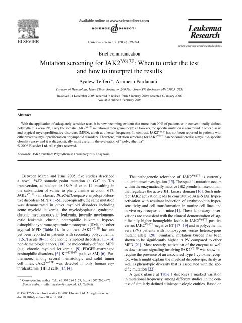 Mutation screening for JAK2V617F: When to order the test and how ...
