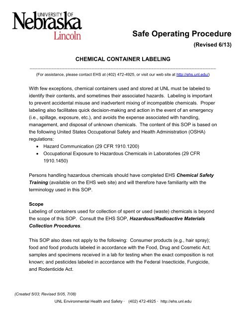 Chemical Container Labeling - Environmental Health & Safety Chemical Container Labeling - Environmental Health & Safety