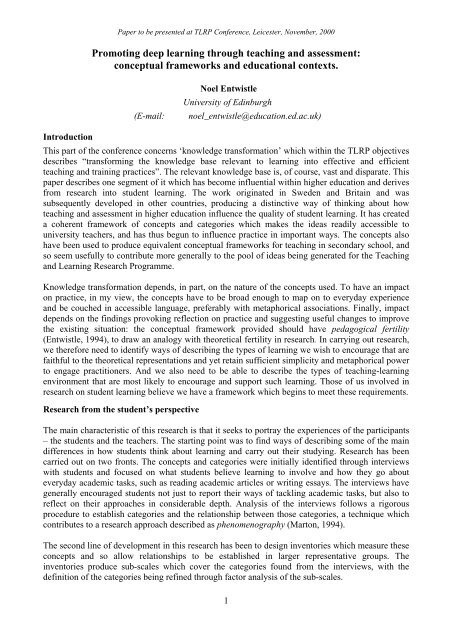 Promoting deep learning through teaching and assessment