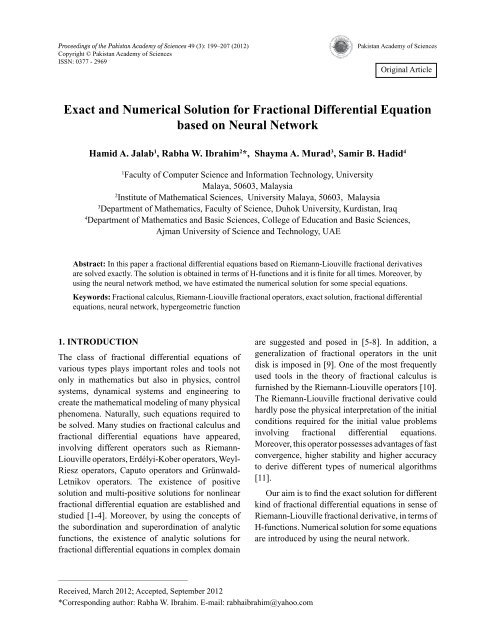 Exact and Numerical Solution for Fractional Differential Equation ... Exact and Numerical Solution for Fractional Differential Equation ...