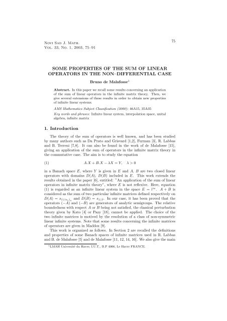 SOME PROPERTIES OF THE SUM OF LINEAR OPERATORS IN ...