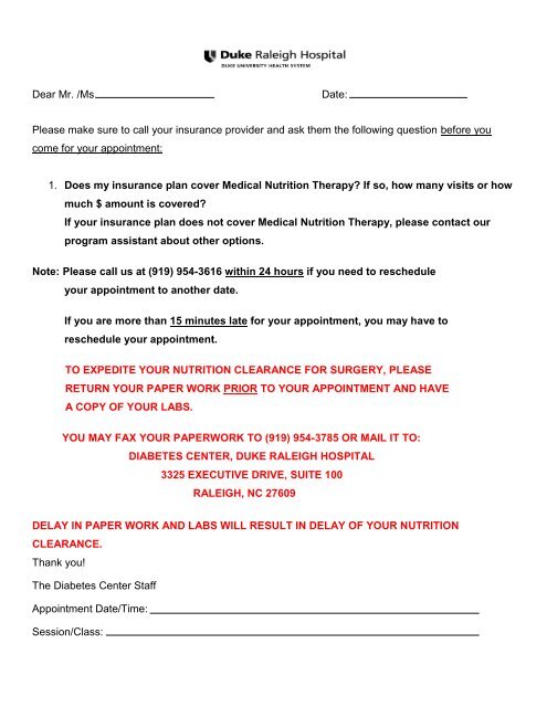 Patient Registration Form - Duke Raleigh Hospital