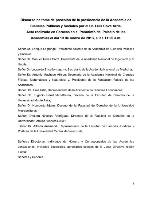 Discurso de toma de posesión de la presidencia de la Academia de ... Discurso de toma de posesión de la presidencia de la Academia de ...