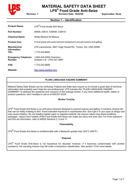 Download FoodGrade Anti-Seize Material Safety Data Sheet (MSDS)
