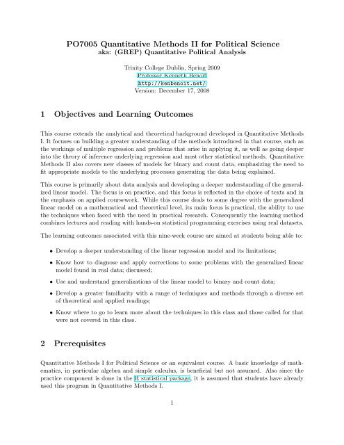 PO7005 Quantitative Methods II for Political Science 1 Objectives ...