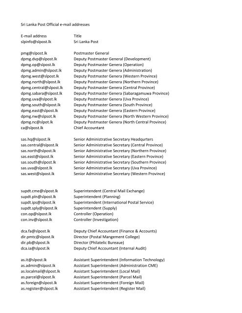 Official e-mail Addresses List - Sri Lanka Post