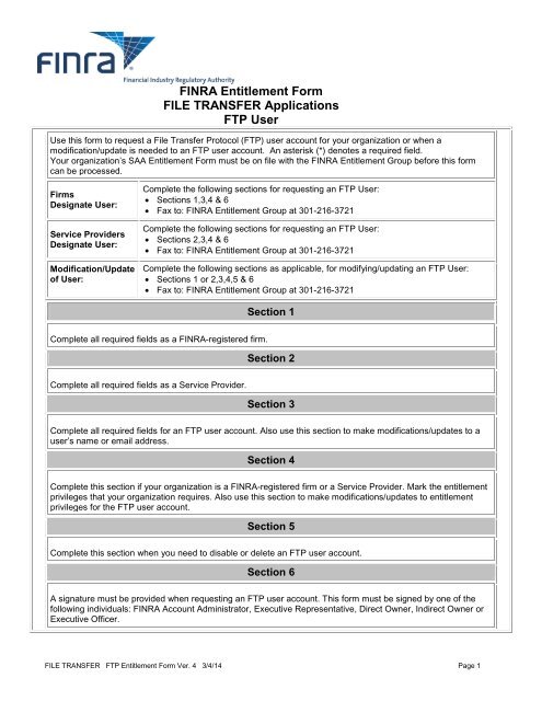 FINRA Entitlement Form File Transfer Applications FTP User