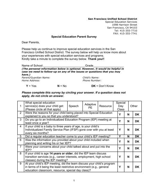 1 Special Education Parent Survey Dear Parents, Please help us ...