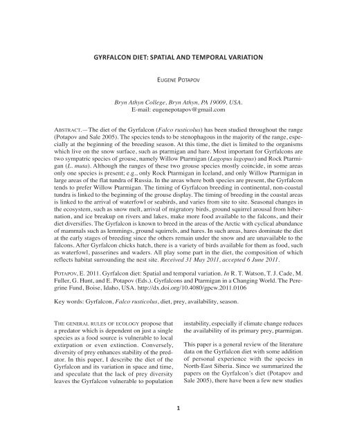 GYRFALCON DIET: SPATIAL AND TEMPORAL VARIATION GYRFALCON DIET: SPATIAL AND TEMPORAL VARIATION