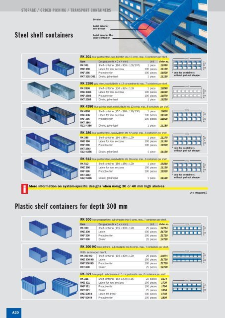 Plastic shelf containers for depth 300 mm Steel shelf containers