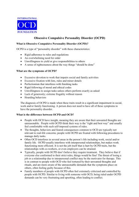 OCPD Fact Sheet - Obsessive Compulsive Foundation