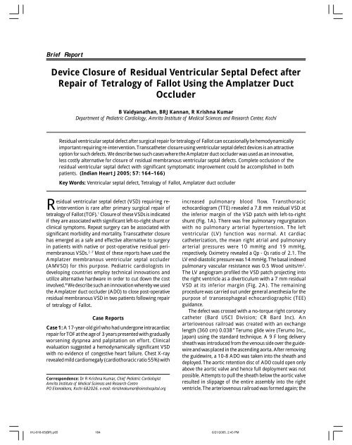 Device Closure of Residual Ventricular Septal Defect after Repair of ...