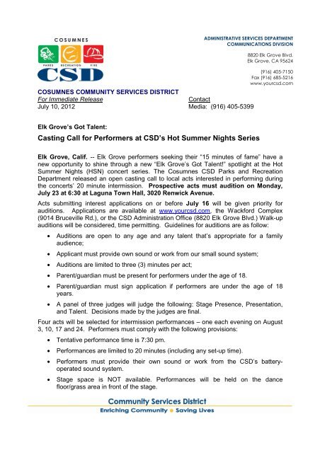 Casting Call for Performers at CSD's Hot Summer Nights Series