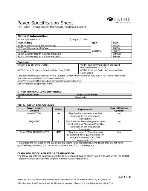 Payer Specification Sheet - Prime Therapeutics
