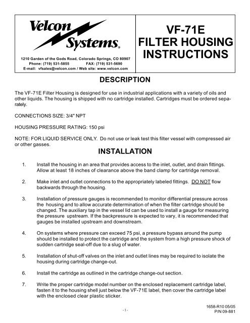 VF-71E FILTER HOUSING INSTRUCTIONS - Velcon Filters