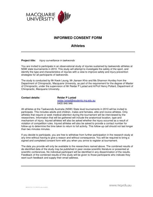 INFORMED CONSENT FORM Athletes - Taekwondo NSW