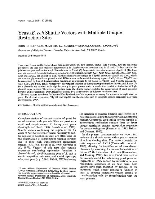 Yeast/E. coli shuttle vectors with multiple unique restriction ... - iGEM