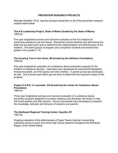 List of Completed Research Projects - Prevention Research Center