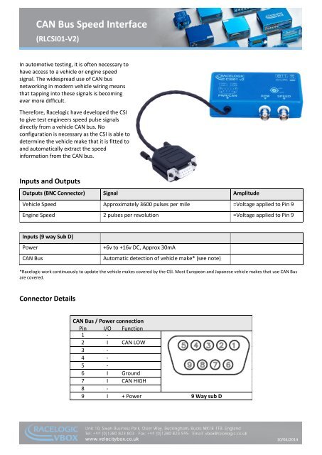 CAN Bus Speed Interface (RLCSI01-V2) - Racelogic