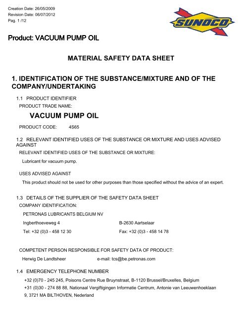 VACUUM PUMP OIL - Sunoco