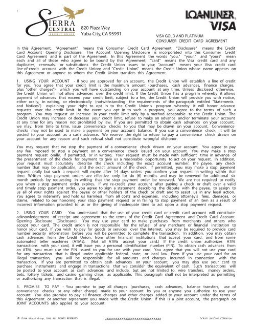 Visa Agreement Platinum/Gold - Sierra Central Credit Union