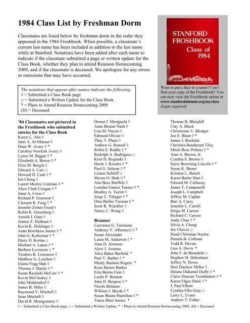 1984 Class List by Freshman Dorm - Stanford Alumni Association