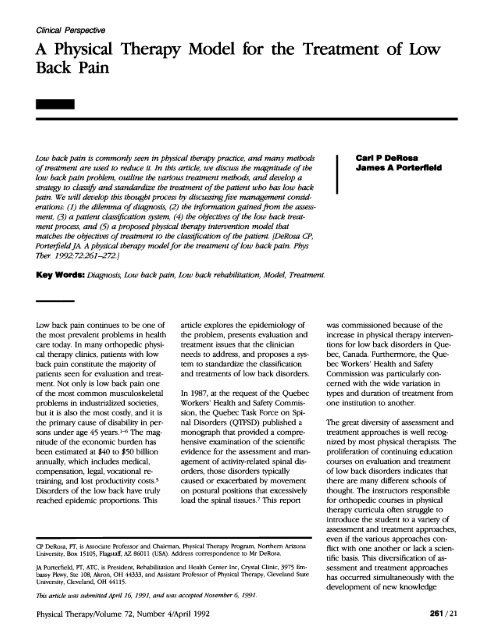 A Physical Therapy Model for the Treatment of Low Back Pain