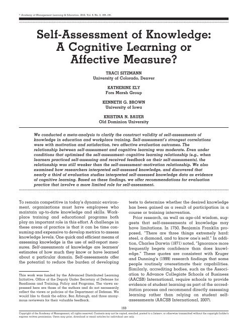 Self Assessment Of Knowledge A Cognitive Learning Or Affective
