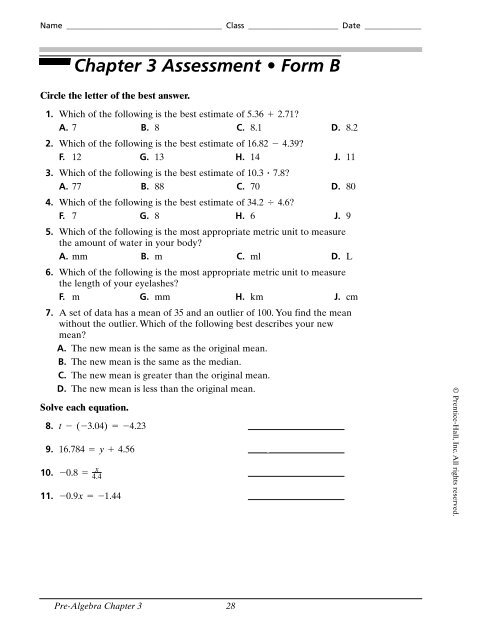 Chapter 3 Assessment â ¢ Form B