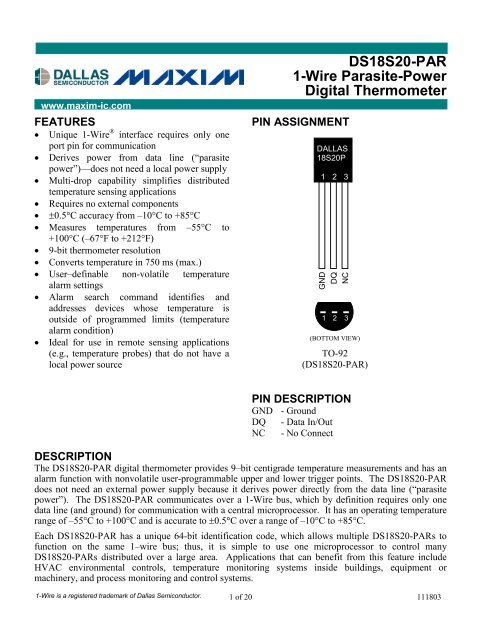 DS18S20-PAR 1-Wire Parasite-Power Digital Thermometer - Maxim