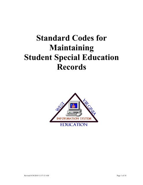 Standard Codes for Maintaining Student Special Education ... - wveis
