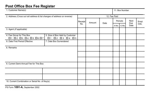 PS Form 1091-A, Post Office Box Fee Register - NALC Branch 78