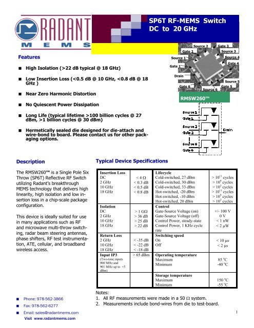 SP6T RF-MEMS Switch DC to 20 GHz - Radant MEMS