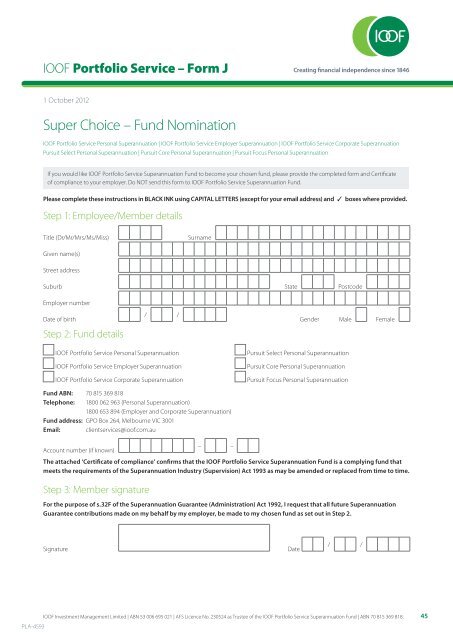 Fund of choice - nomination form - IOOF