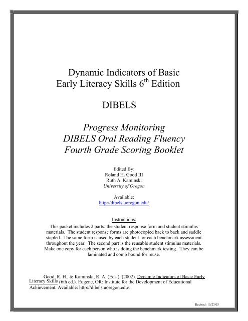 Progress Monitoring DIBELS Oral Reading Fluency Fourth Grade
