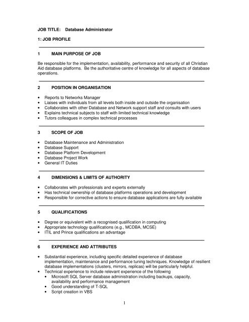 JOB TITLE: Database Administrator 1: JOB PROFILE ... - Christian Aid