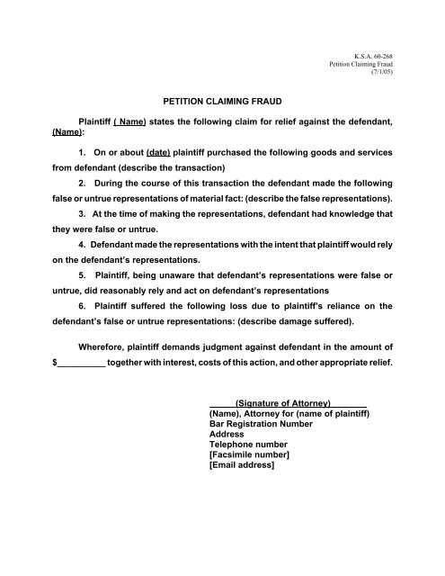 PETITION CLAIMING FRAUD Plaintiff - Kansas Judicial Council