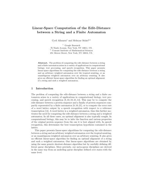 Linear Space Computation Of The Edit Distance Between A String