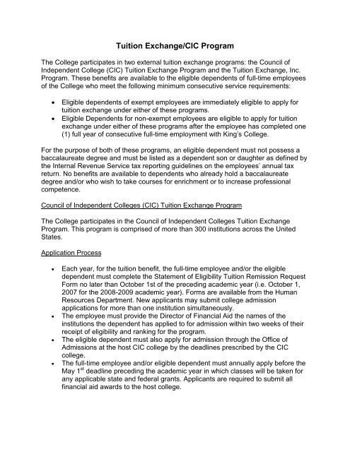 Tuition Exchange/CIC Program - King's College