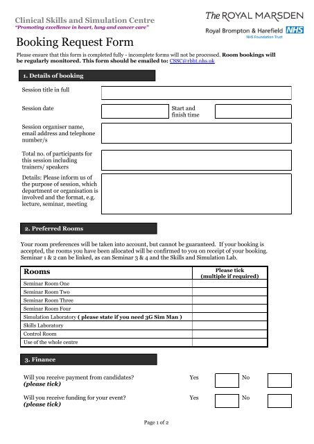 Booking request form - Royal Marsden Hospital