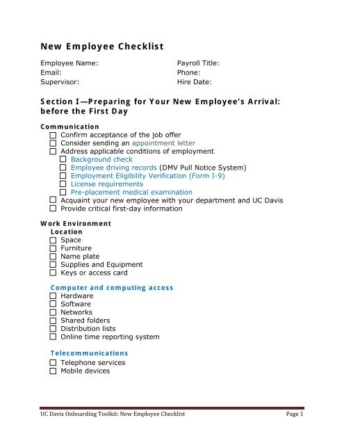New Employee Checklist - Human Resources - UC Davis