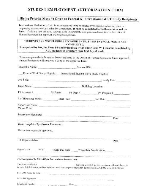 STUDENT EMPLOYMENT AUTHORIZATION FORM