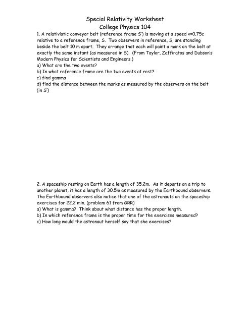 Special Relativity Worksheet College Physics 104