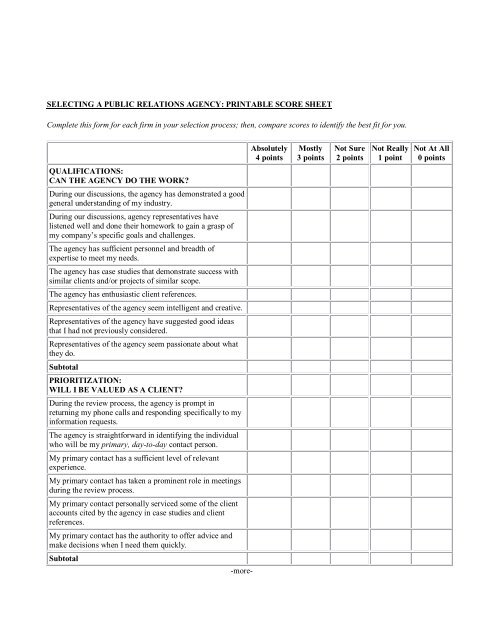 PR Agency Score Sheet - Idea Grove