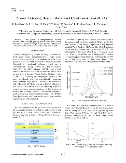 Resonant Grating Based Fabry-Perot Cavity in ... - McGill University