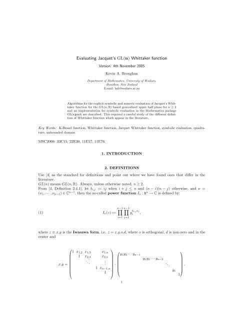 Evaluating Jacquet's GL(n) Whittaker function - University of Waikato