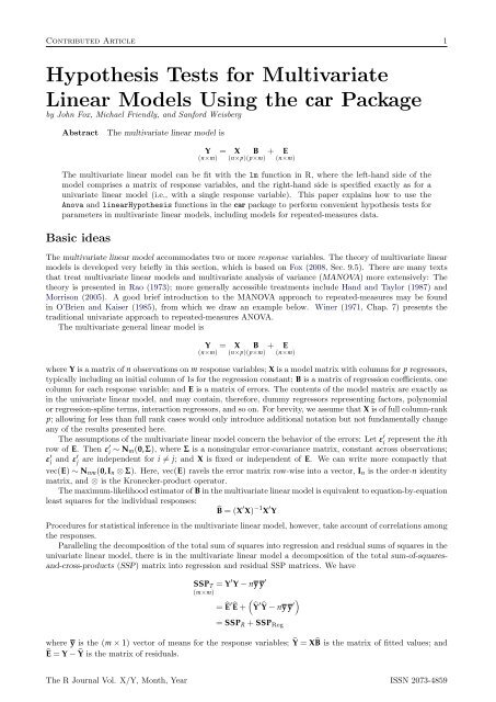 Hypothesis Tests for Multivariate Linear Models ... - Michael Friendly