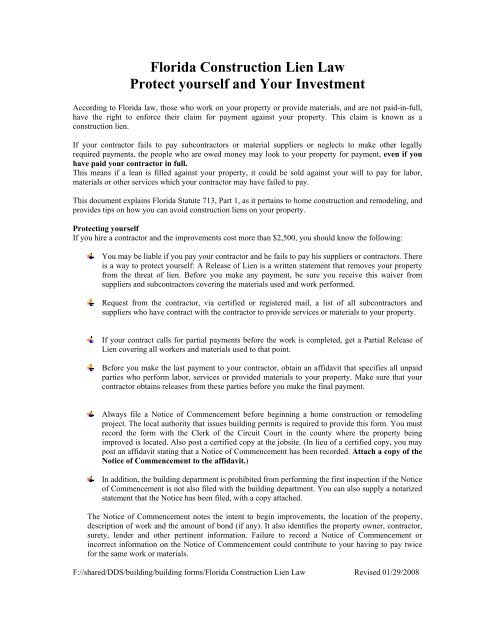 Florida Construction Lien Law Protect yourself and Your Investment